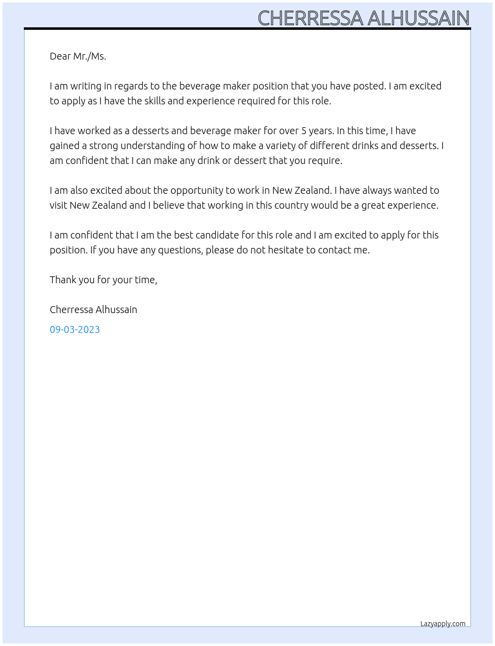 Cover letter for beverage maker - LazyApply