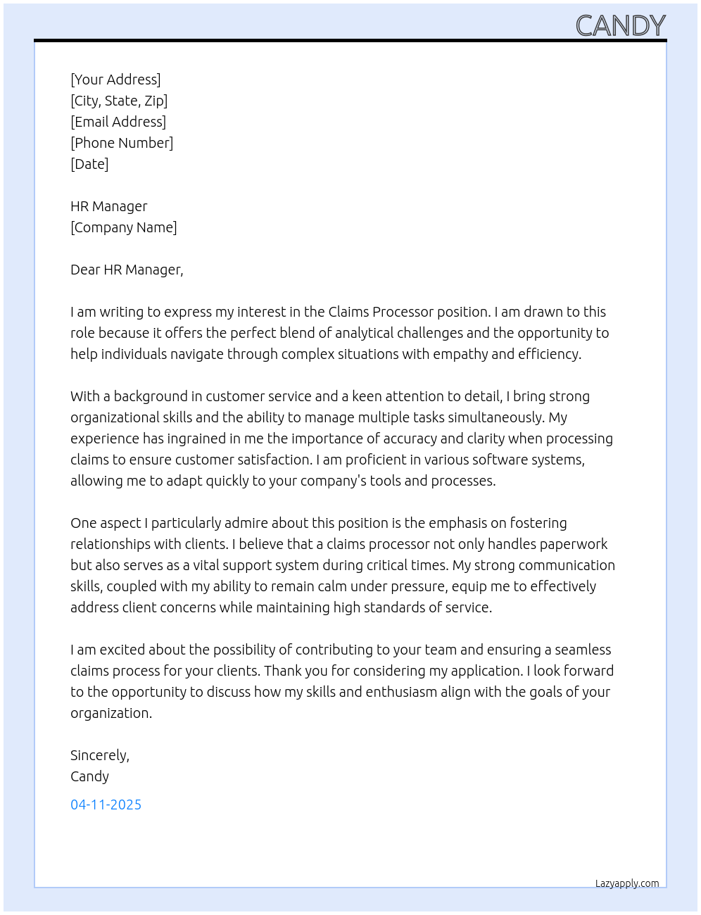 Cover letter for claims processor - LazyApply