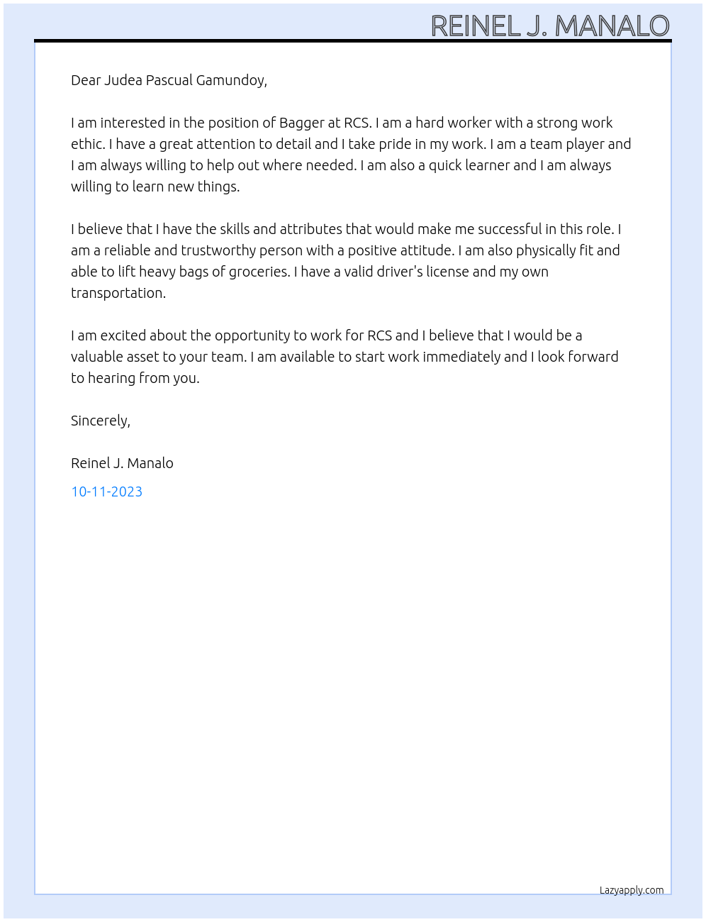 Cover letter for bagger - LazyApply