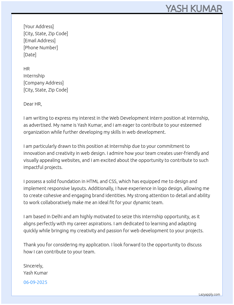 Cover letter for web development intern - LazyApply