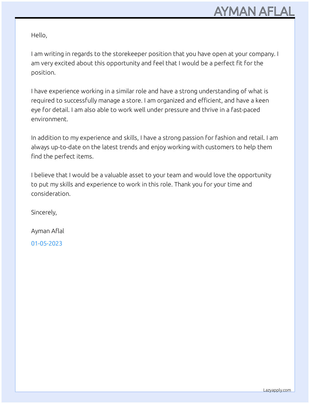 Cover Letter For Storekeeper LazyApply