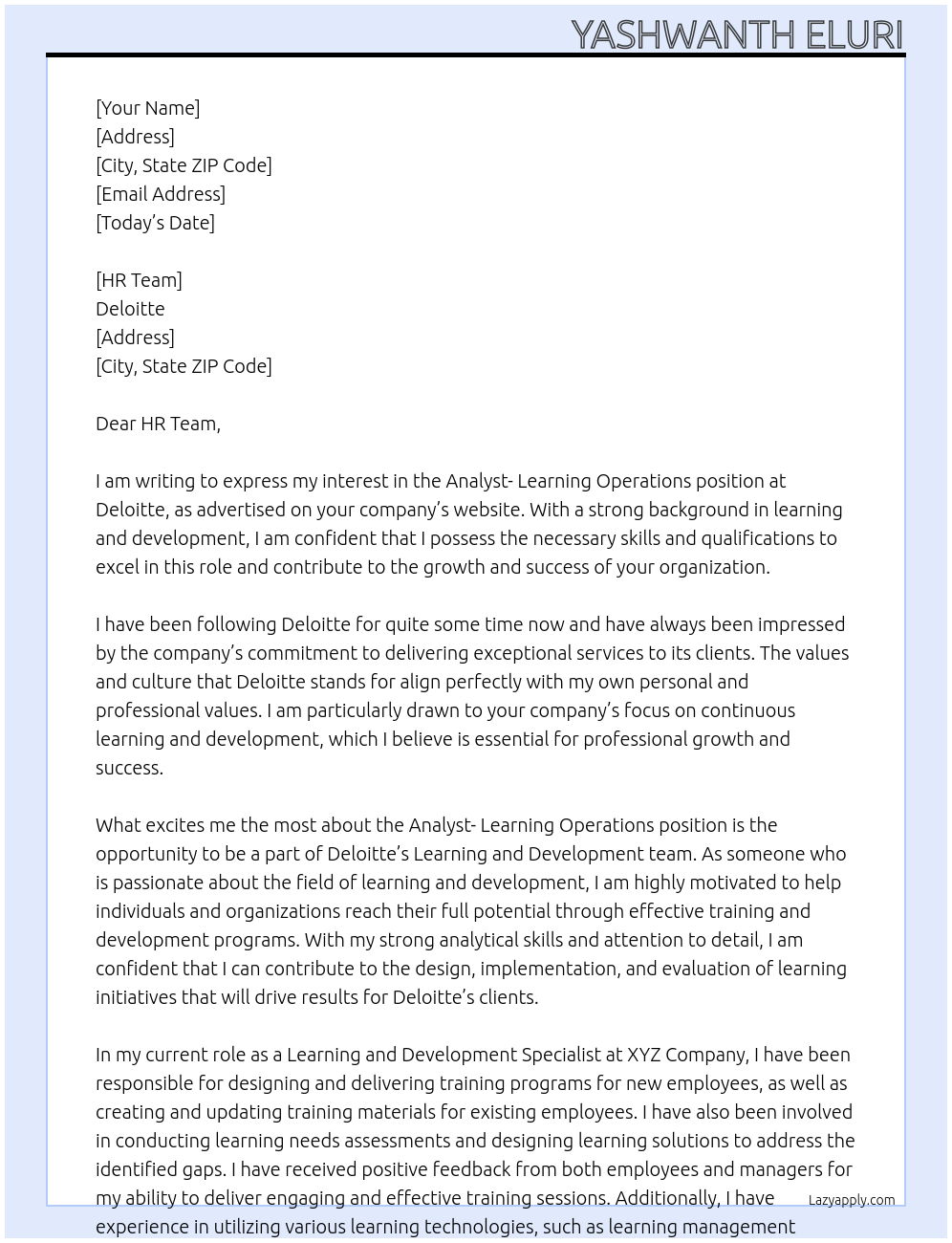 Cover letter for analyst- learning operations - LazyApply