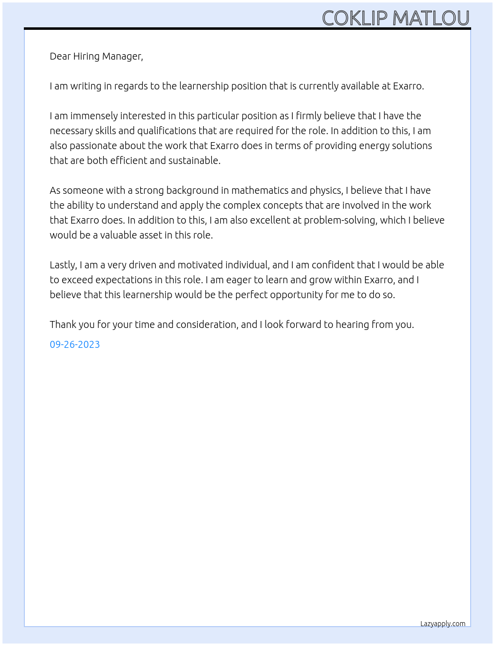 Cover letter for learnership - LazyApply