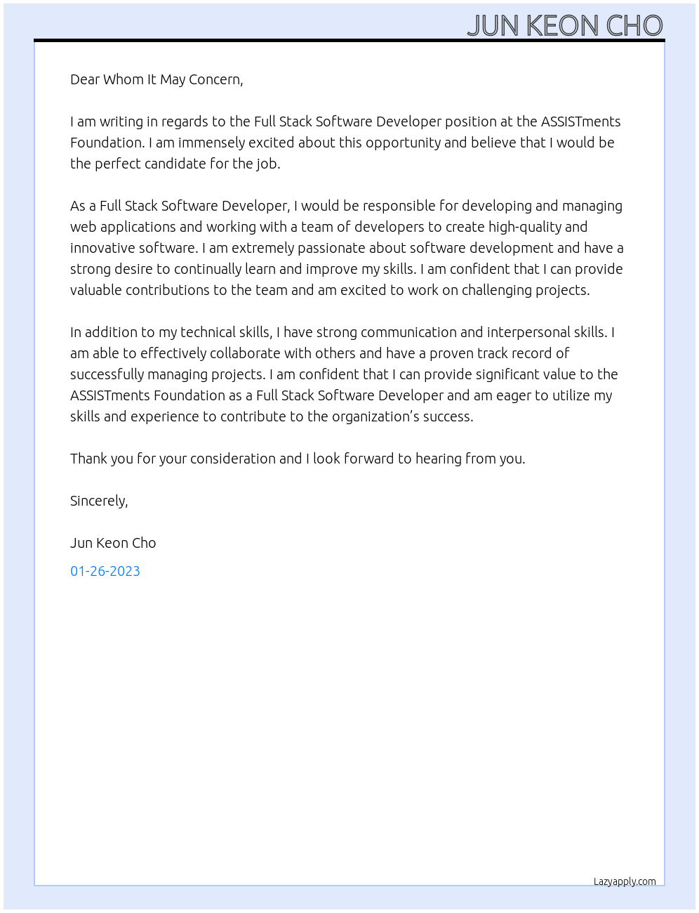 Cover Letter For Full Stack Software Developer LazyApply