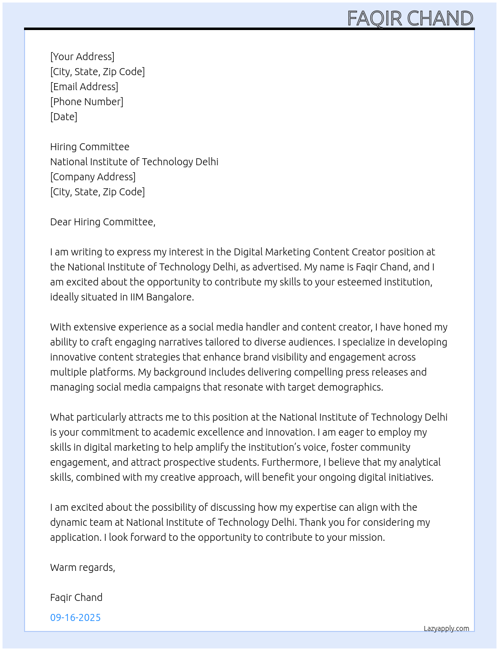 Cover letter for digital marketing content creator - LazyApply