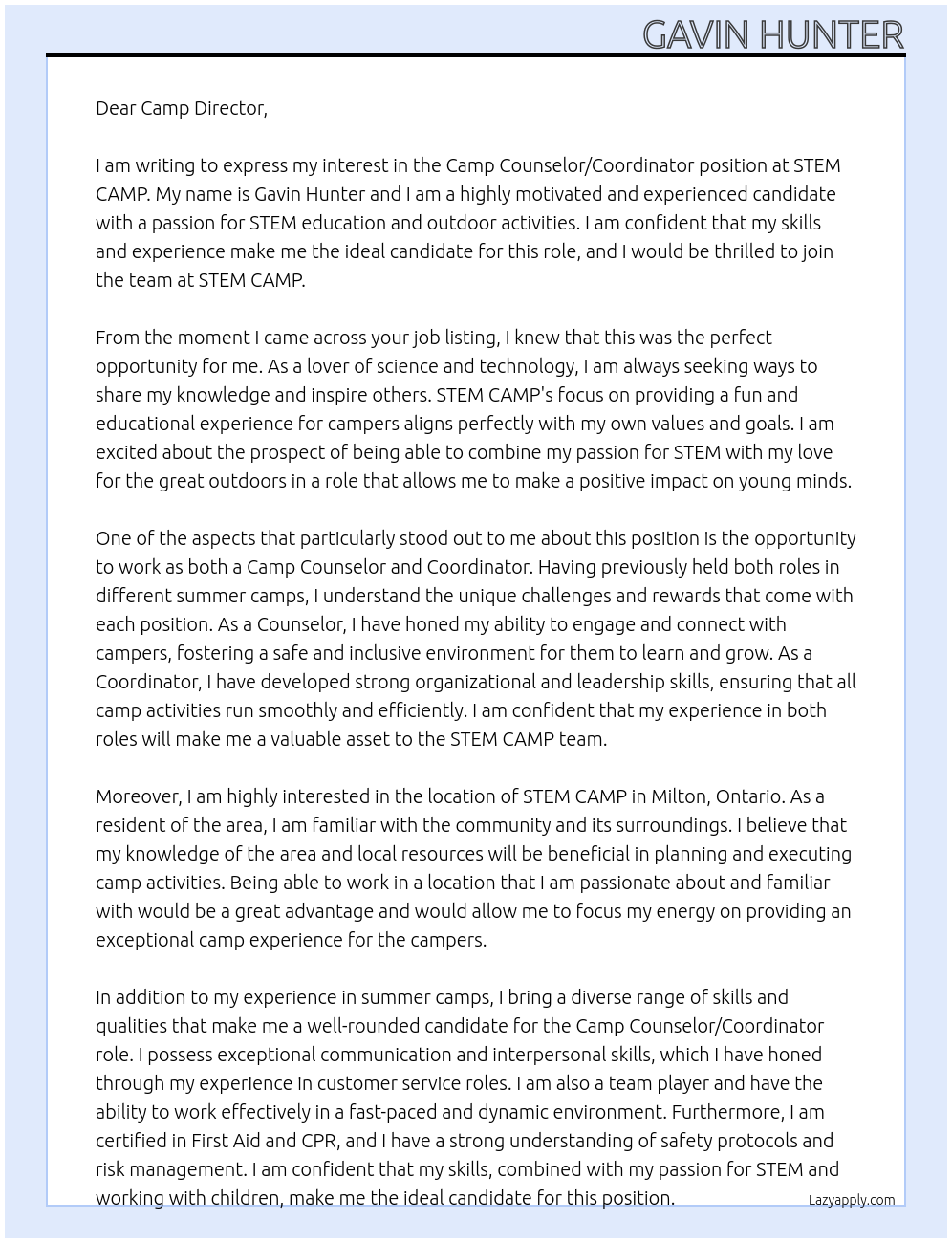 Cover letter for camp counselor - LazyApply