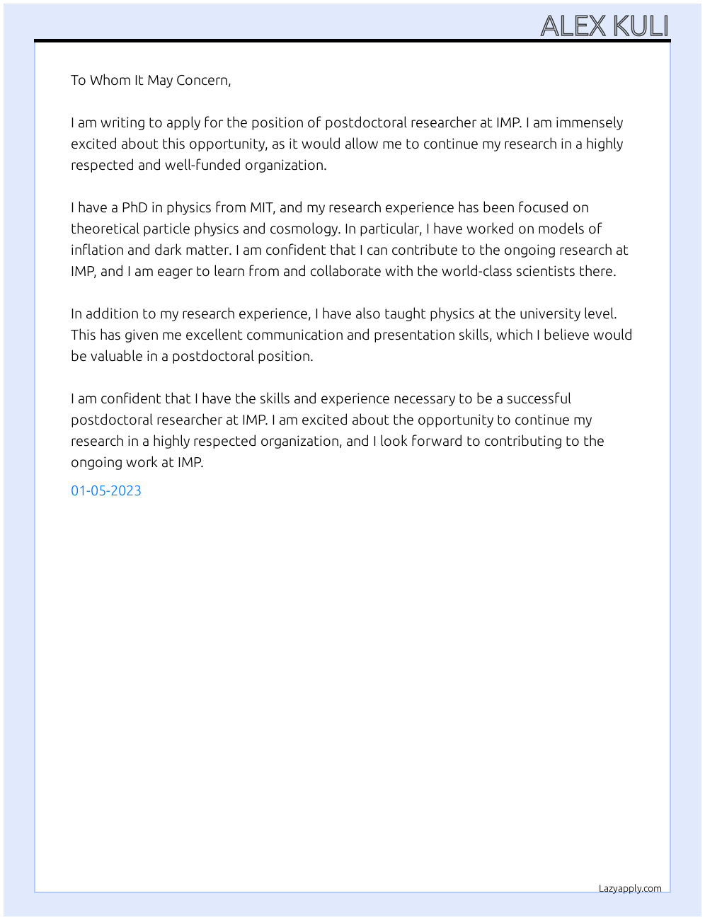 Cover Letter For Post Doctoral Researcher LazyApply