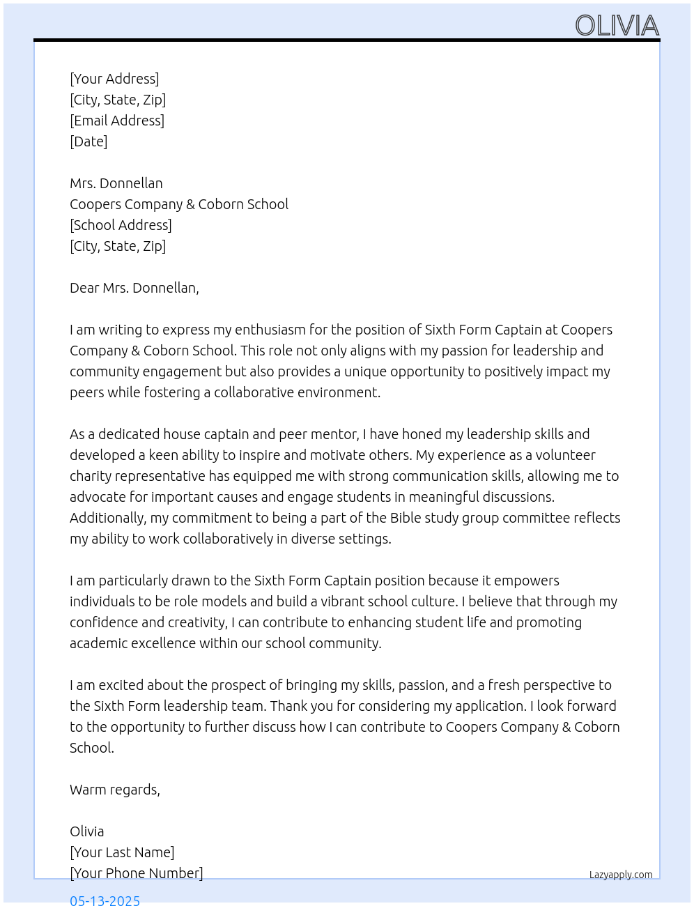 Cover letter for sixth form captain - LazyApply
