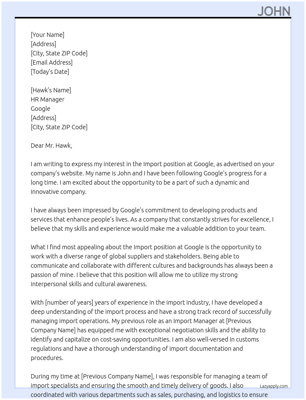 Cover letter for import - LazyApply