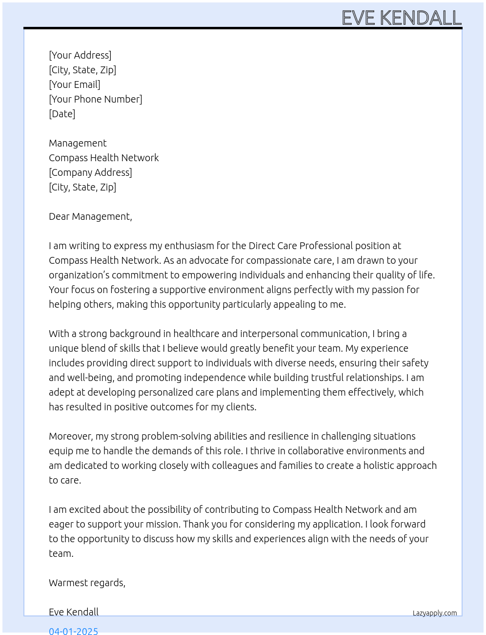 Cover letter for direct care professional - LazyApply