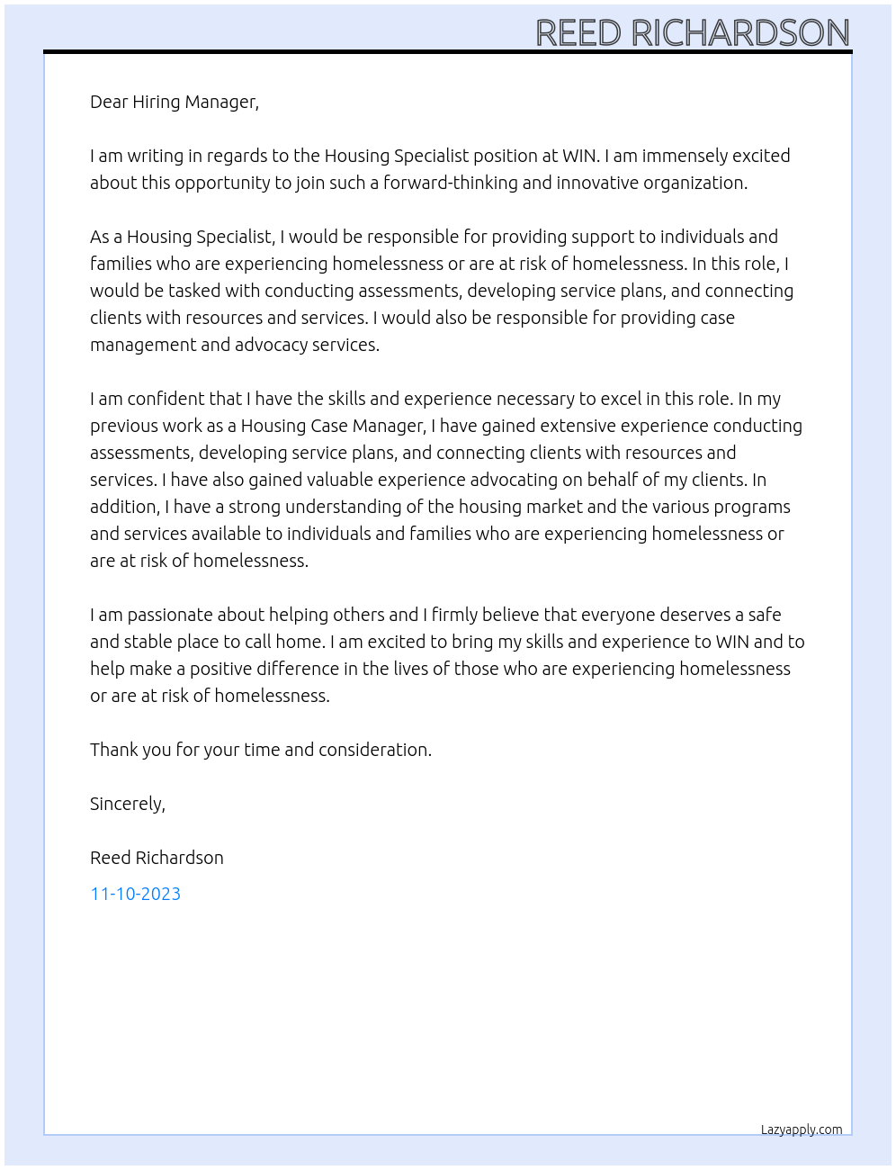 Cover letter for housing specialist - LazyApply