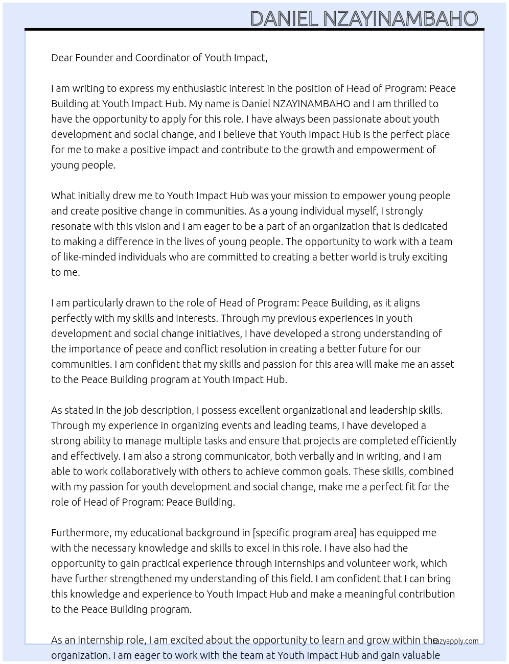 Cover letter for head of program: peace building - LazyApply