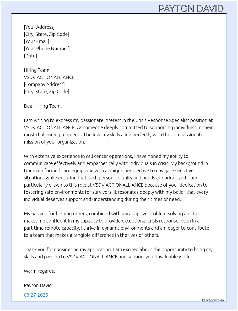 Cover letter for crisis response specialist - LazyApply