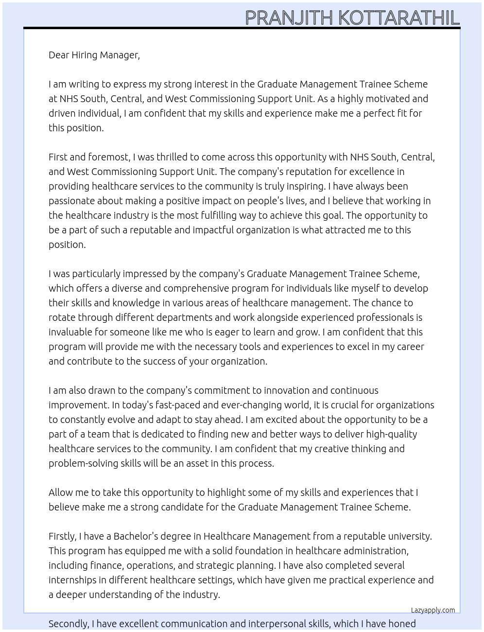 Cover letter for graduate management trainee scheme - LazyApply