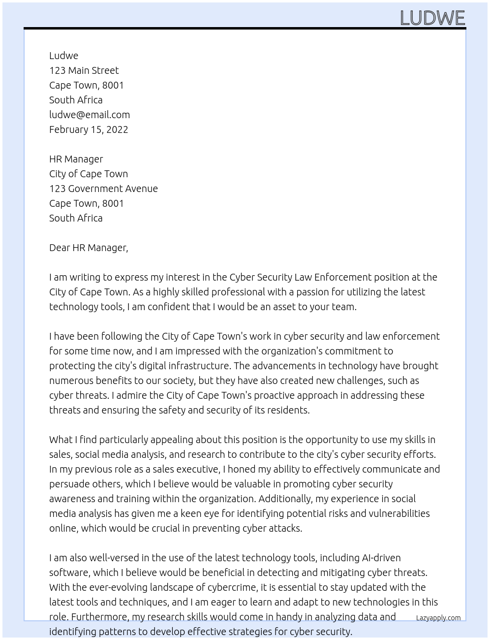Cover letter for cyber security law enforcement - LazyApply