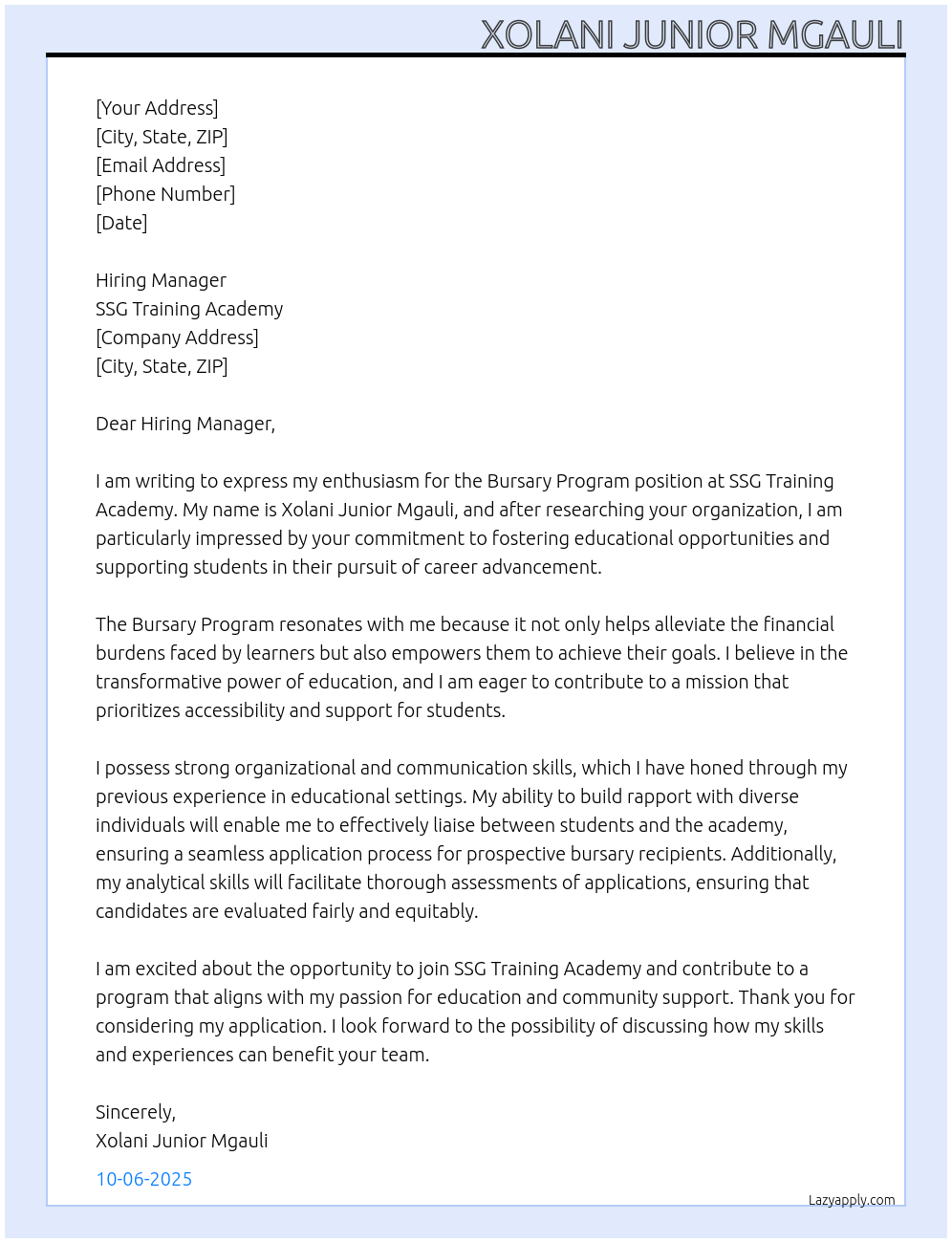 Cover letter for bursary program - LazyApply