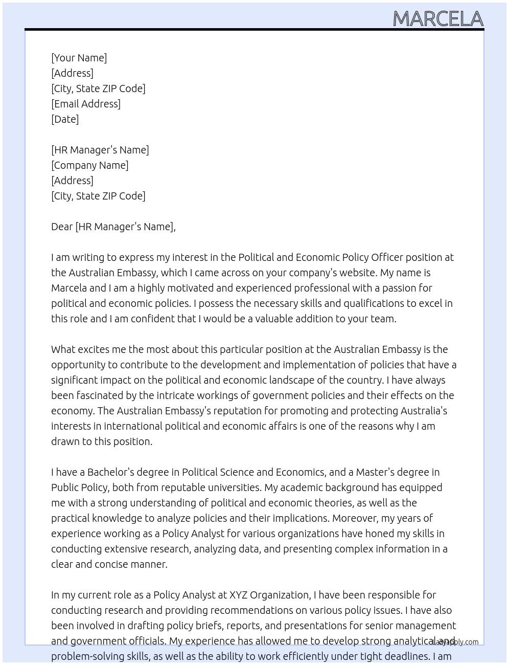 Cover letter for political and economic policy officer - LazyApply