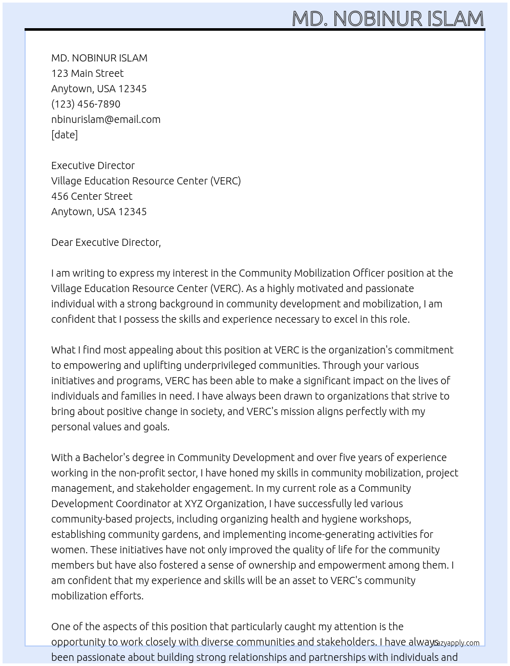 Cover letter for community mobilization officer - LazyApply