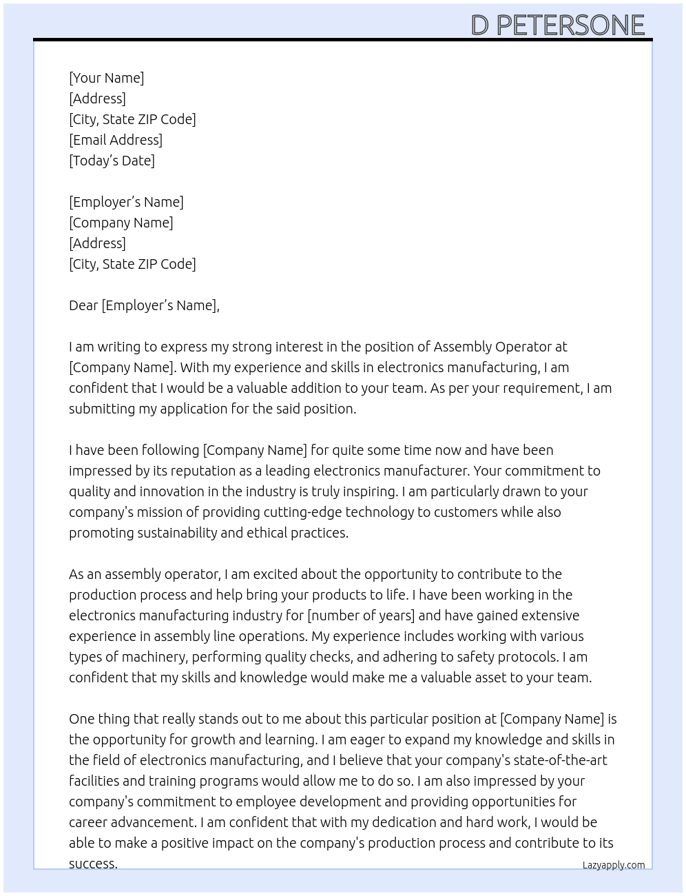 Cover letter for assembly operator - LazyApply