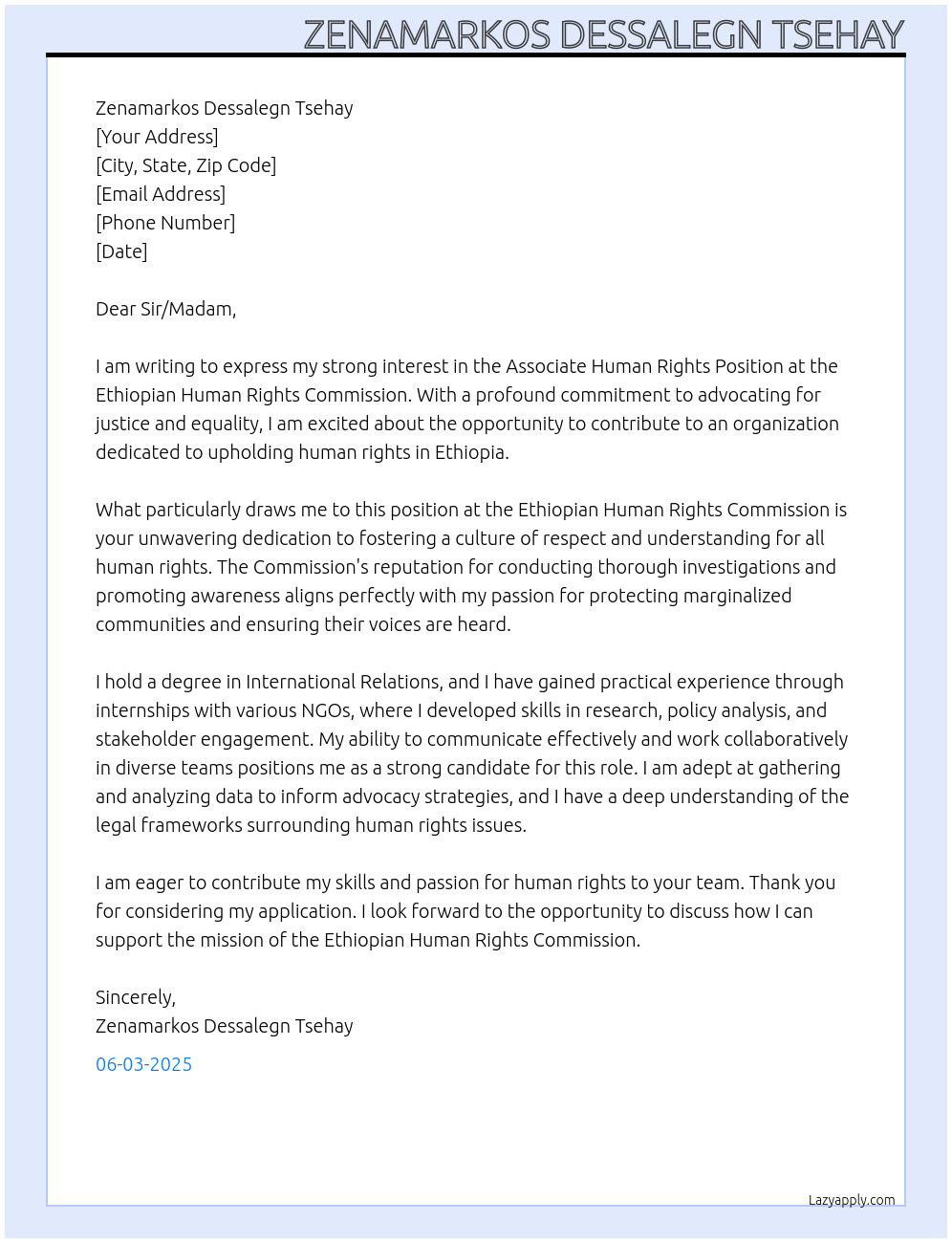 Cover letter for associate human right position - LazyApply