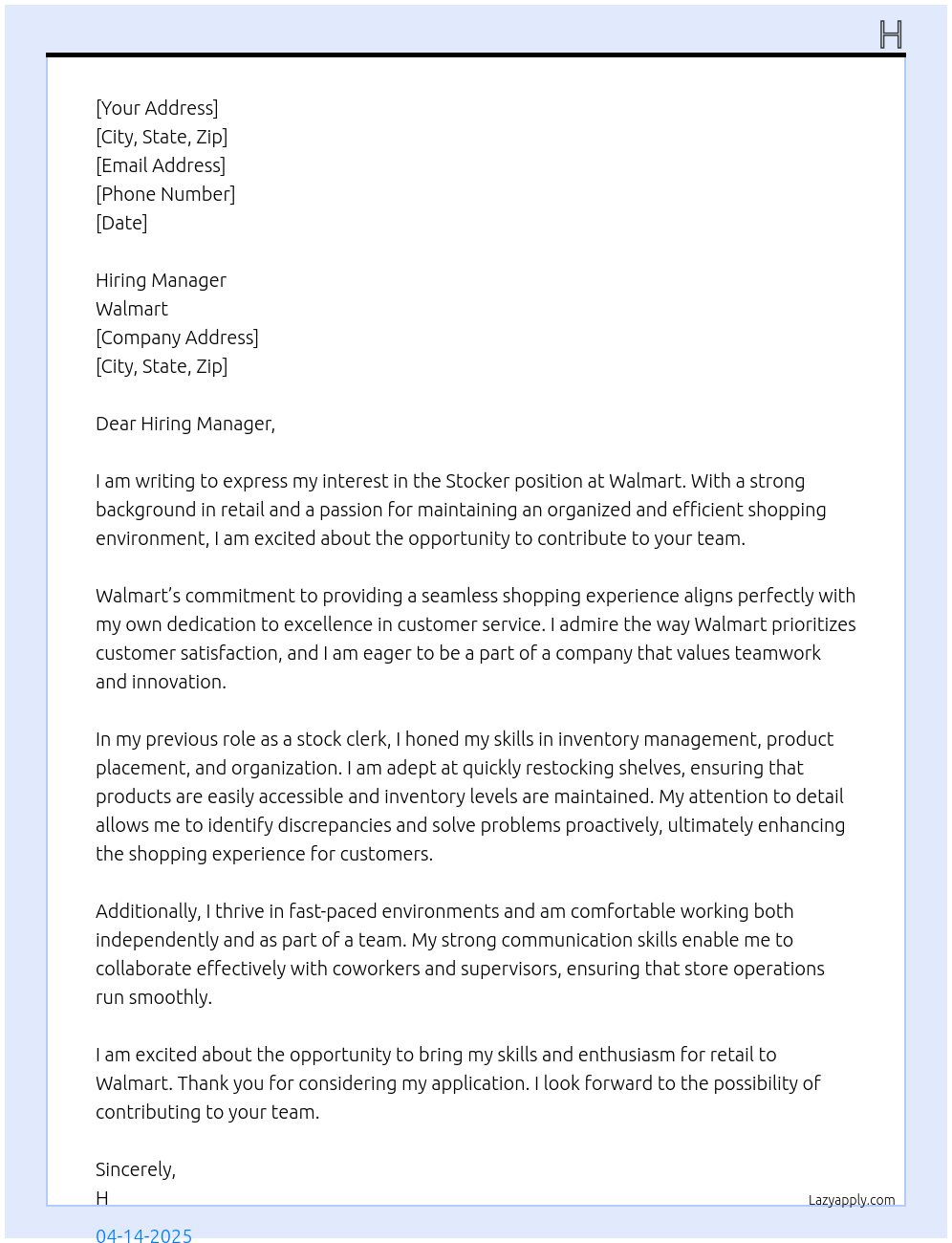 Cover letter for stocker - LazyApply