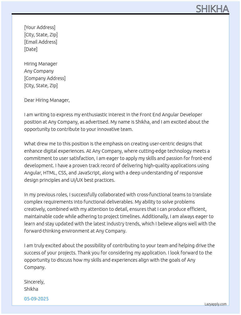 Cover letter for front end angular developer - LazyApply