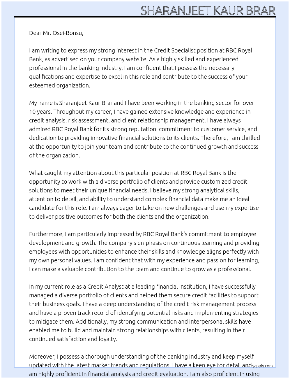 Cover letter for credit specialist - LazyApply