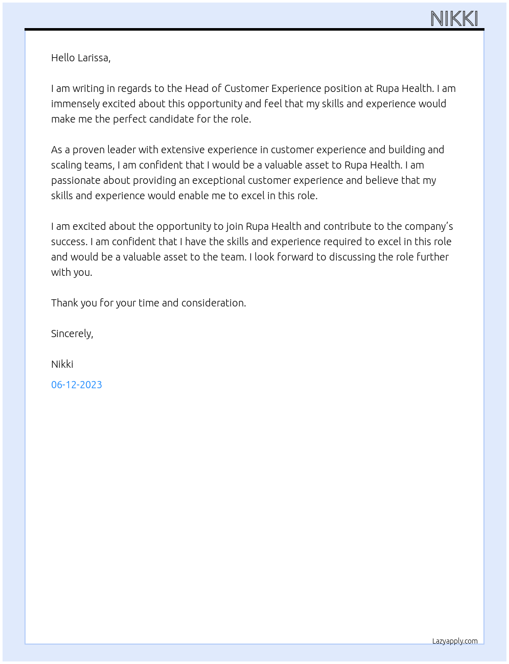 Cover letter for head of customer experience - LazyApply