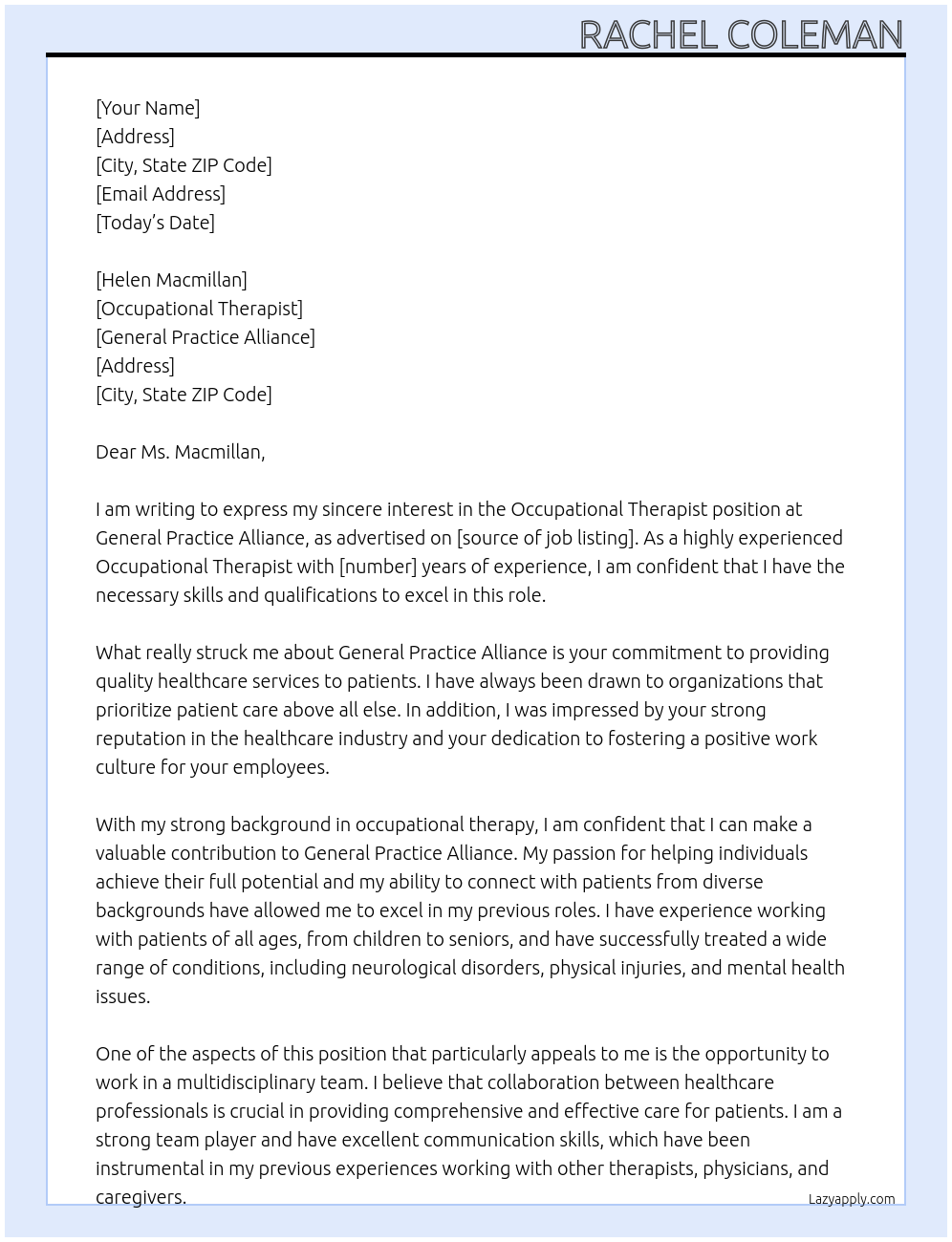 Cover letter for occupational therapist - LazyApply