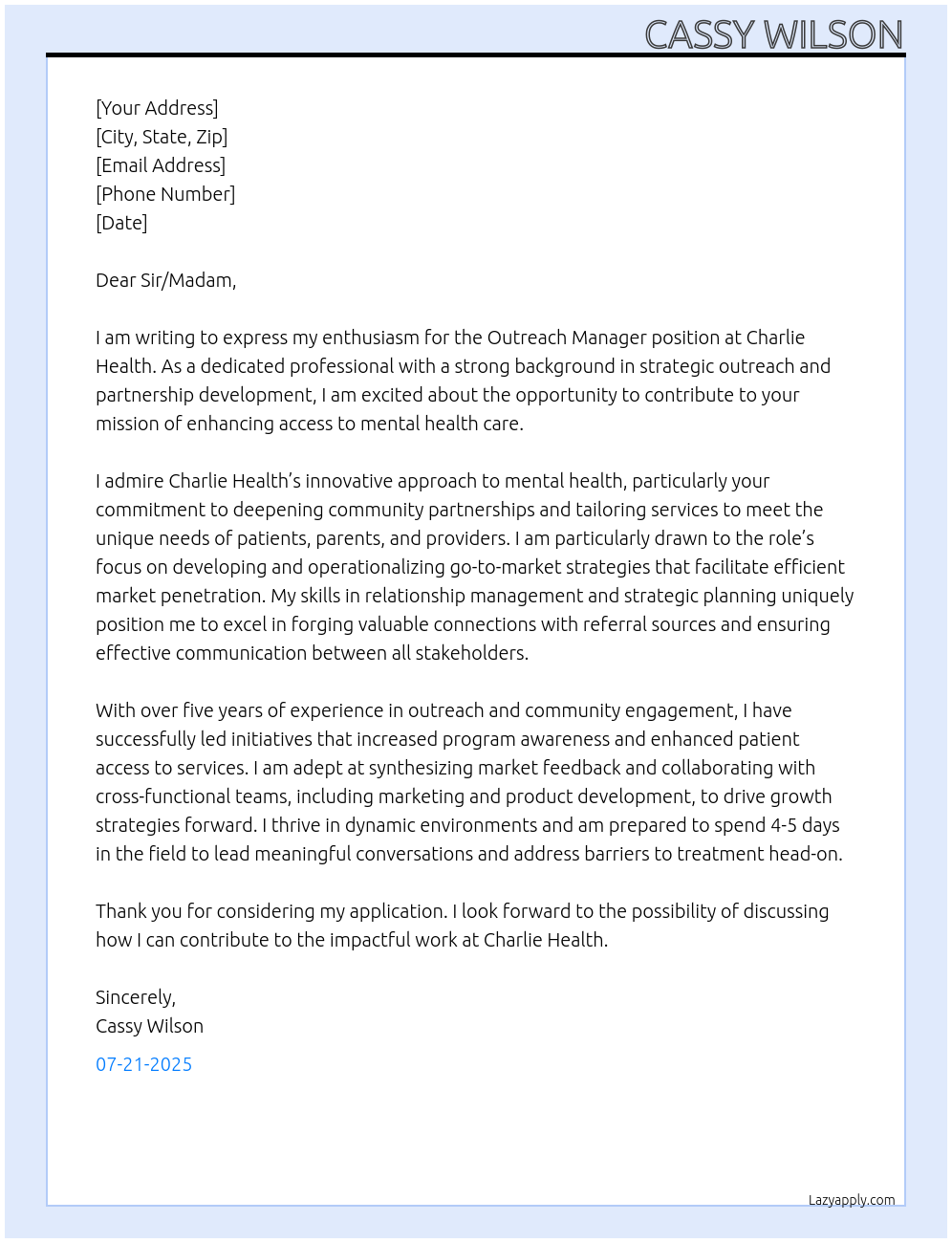 Cover letter for outreach manager - LazyApply