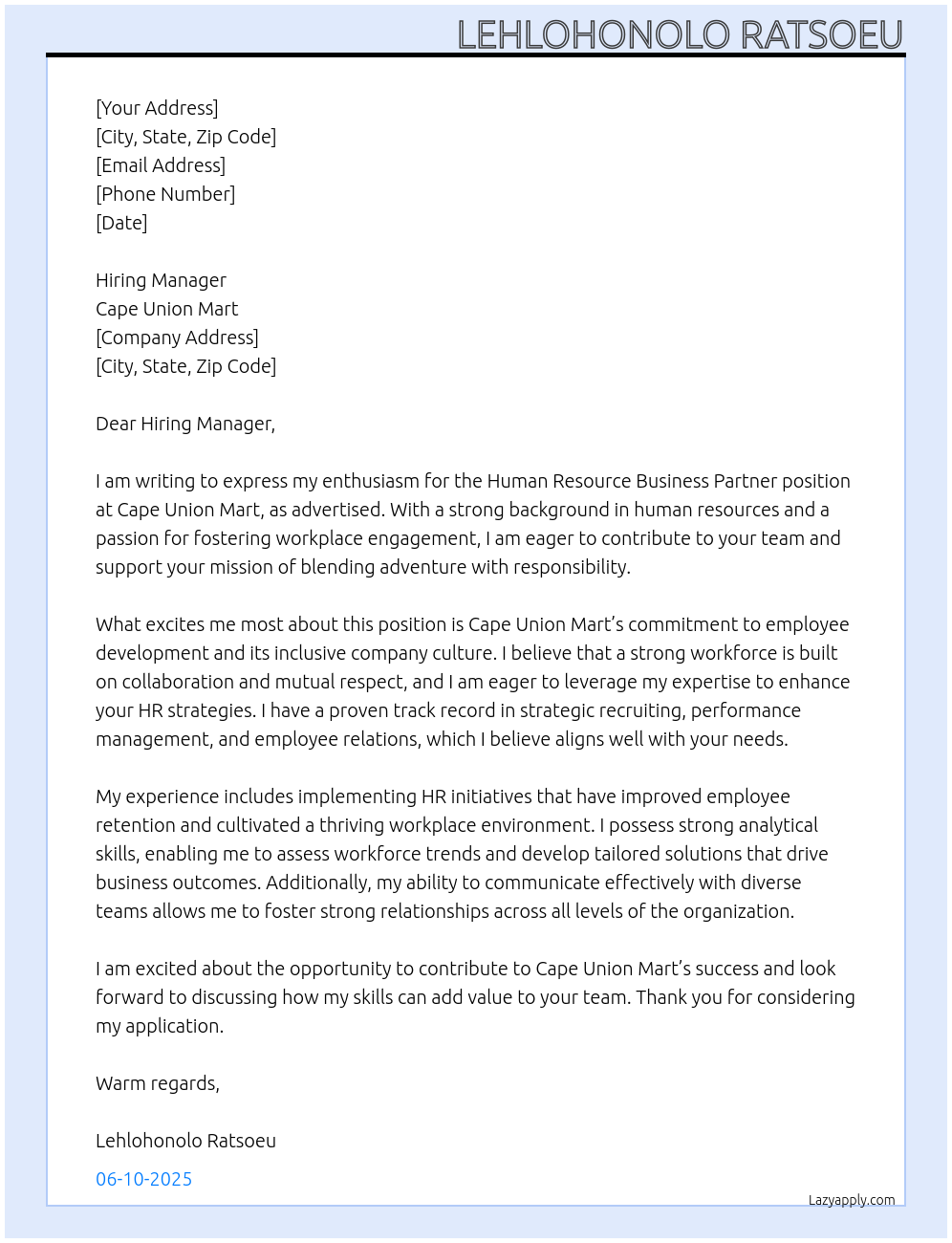 Cover letter for human resource business partner - LazyApply
