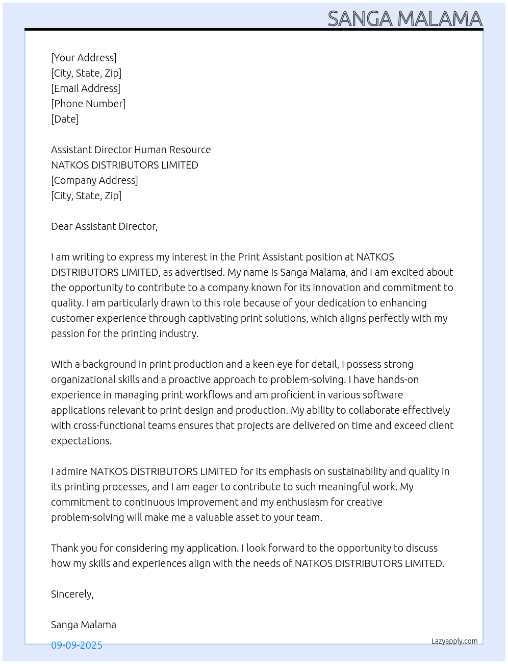 Cover letter for print assistant - LazyApply