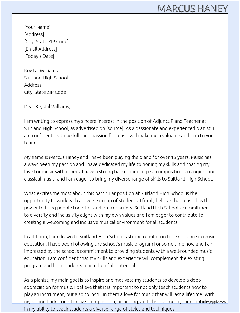 Cover letter for adjuct piano teacher - LazyApply