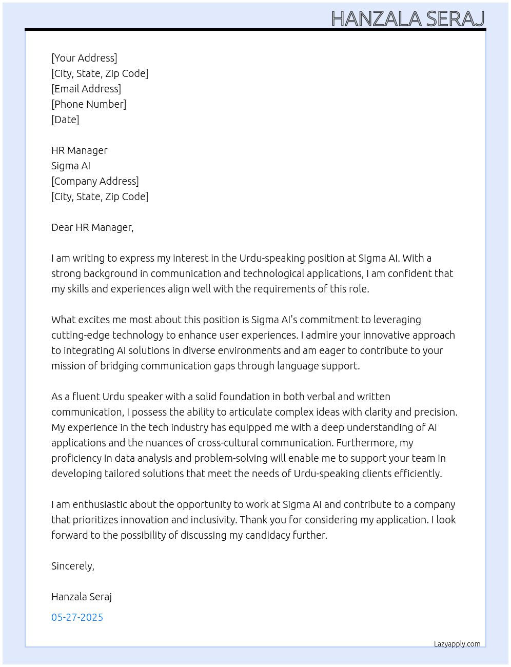 Cover letter for urdu speaking - LazyApply