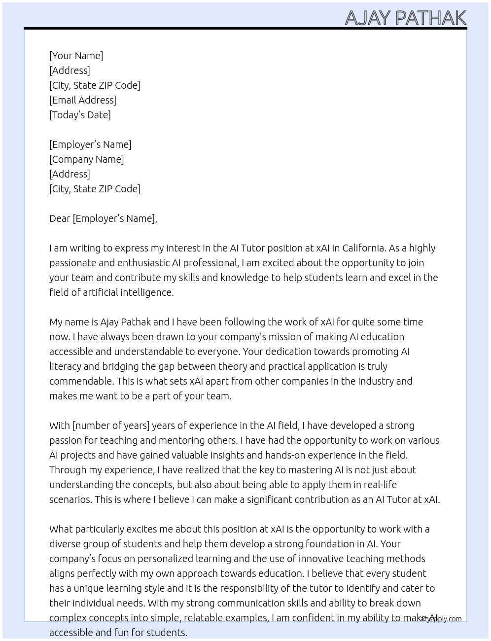 Cover letter for ai tutor - LazyApply