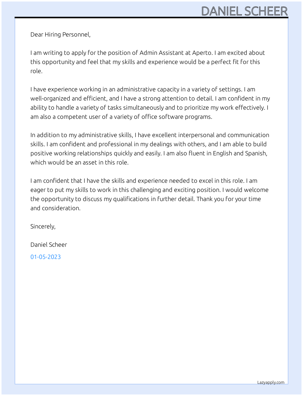 Cover Letter For Admin Assistant LazyApply