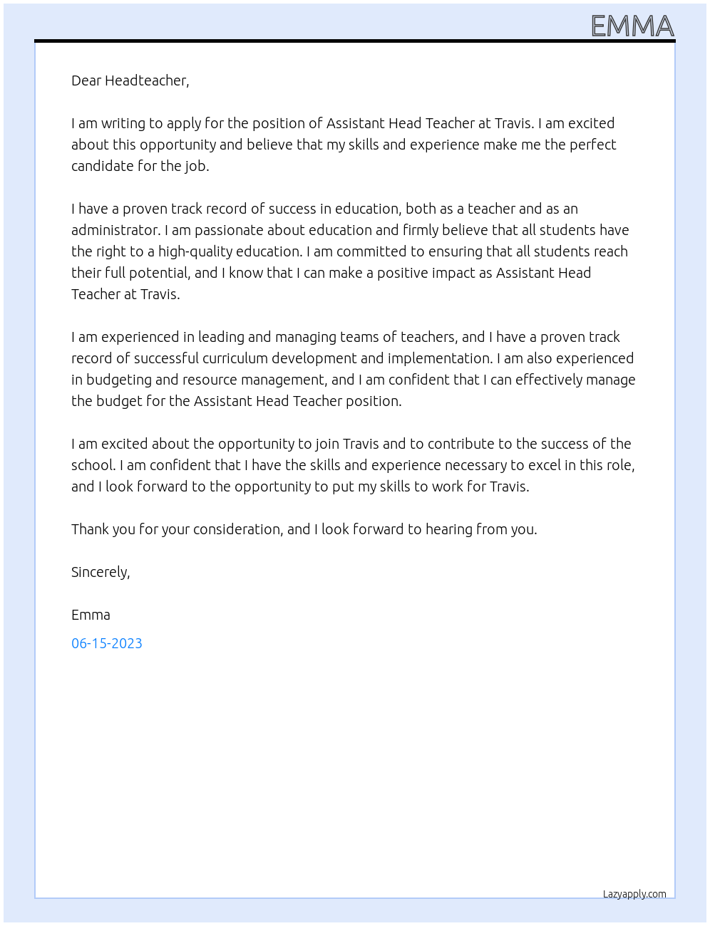 Cover letter for assistant head teacher - LazyApply