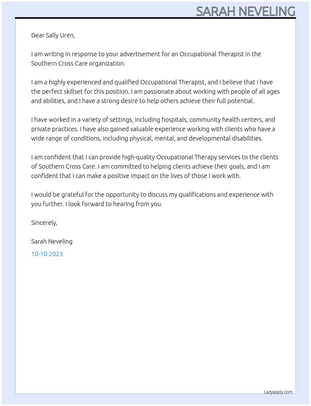 Cover letter for occupational therapist - LazyApply