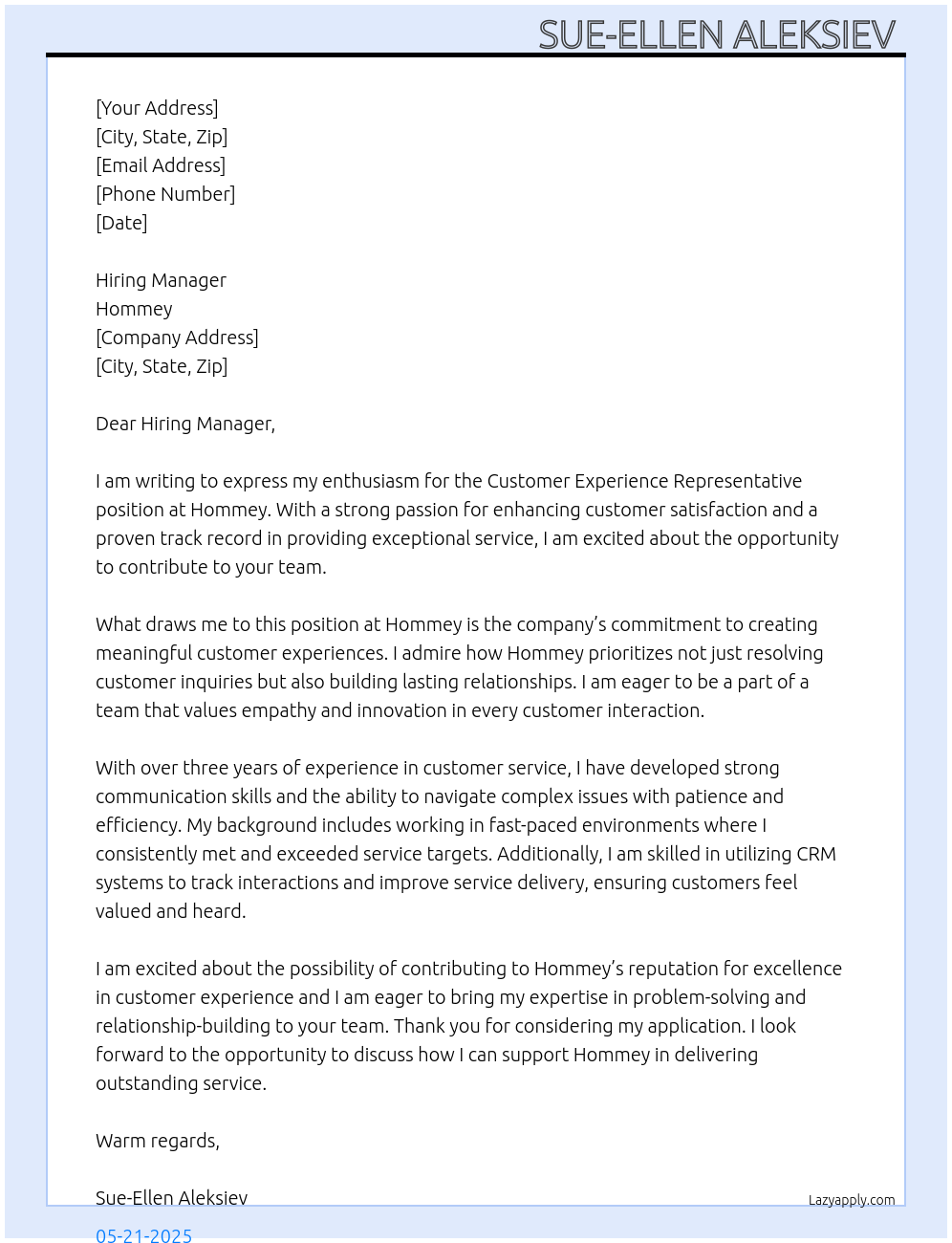 Cover letter for customer experience representative - LazyApply