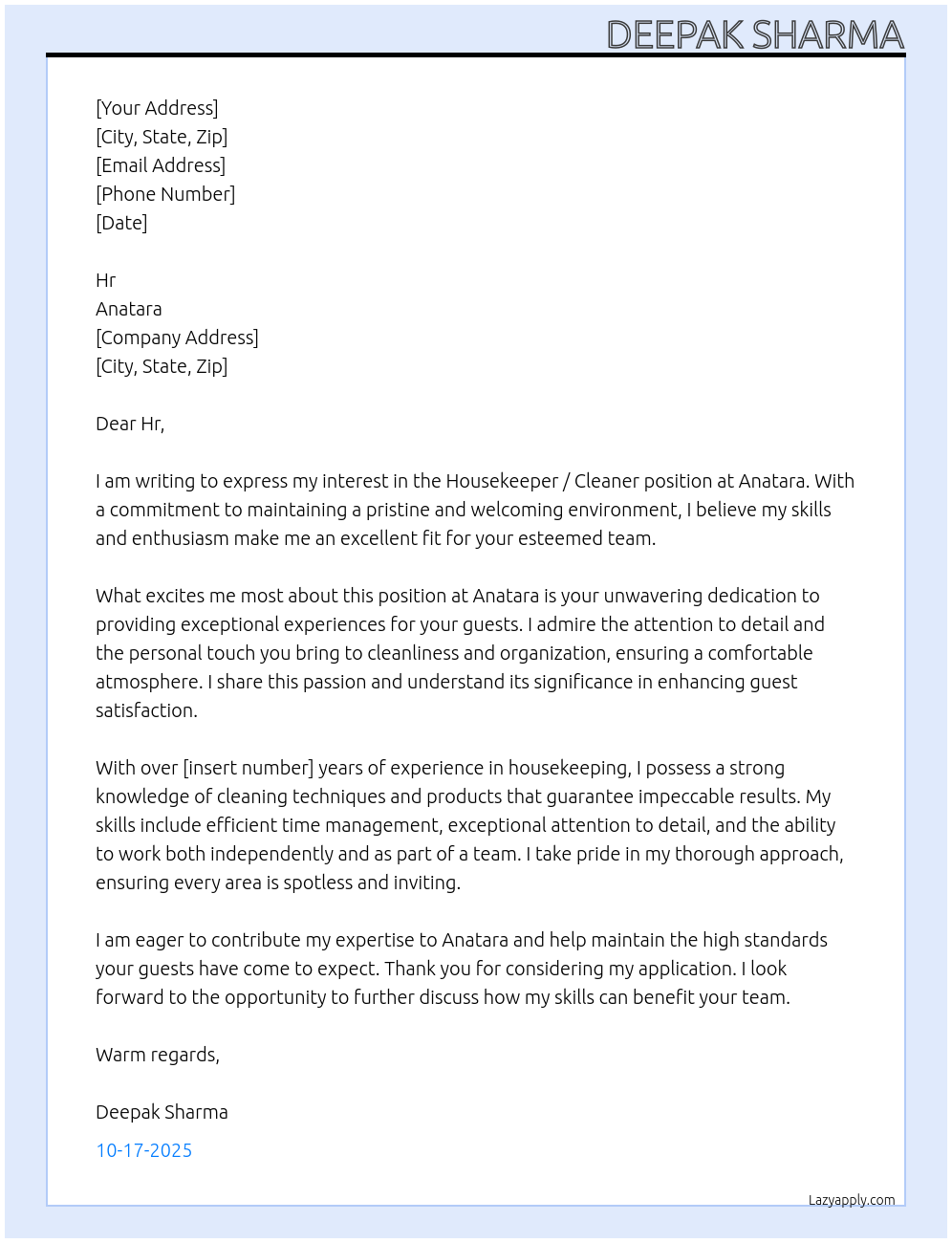 Cover letter for housekeeper / cleaner - LazyApply