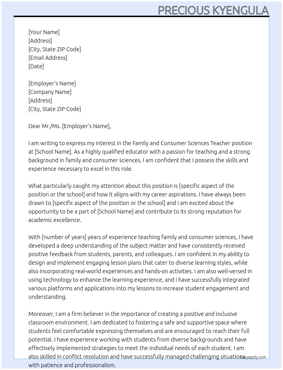 Cover letter for family and consumer sciences teacher - LazyApply