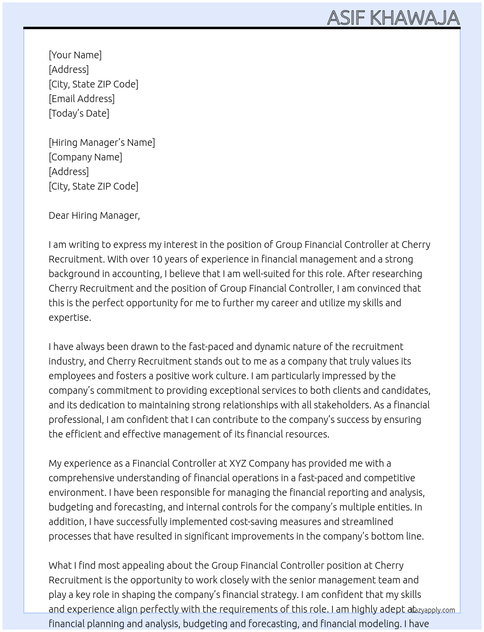 Cover letter for group financial controller - LazyApply