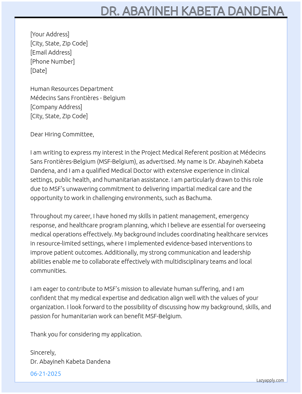 Cover letter for project medical referent - LazyApply