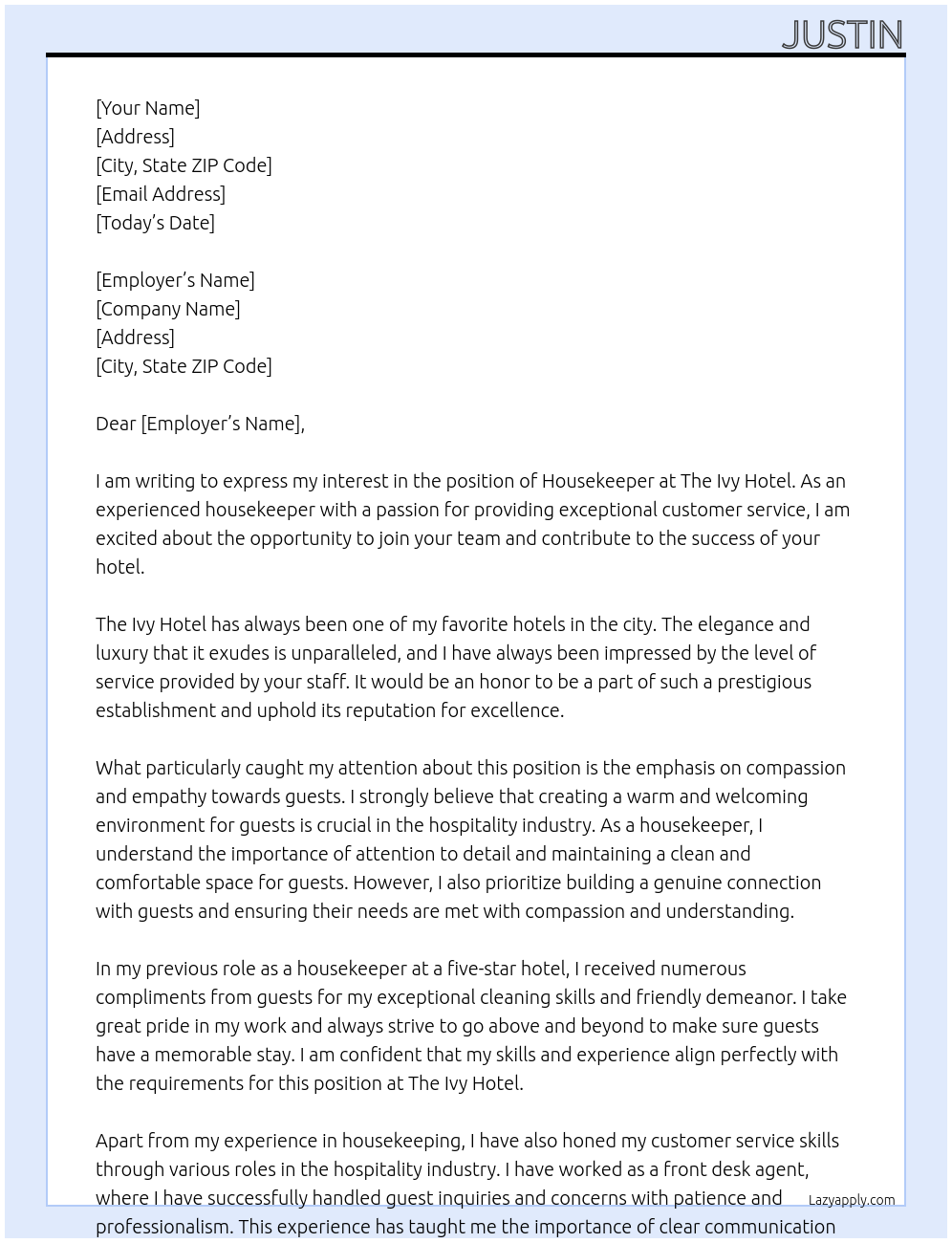 Cover letter for housekeeper - LazyApply