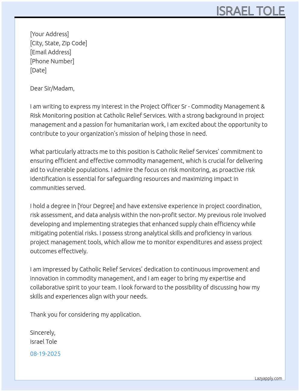 Cover letter for project officer sr - commodity management & risk ...