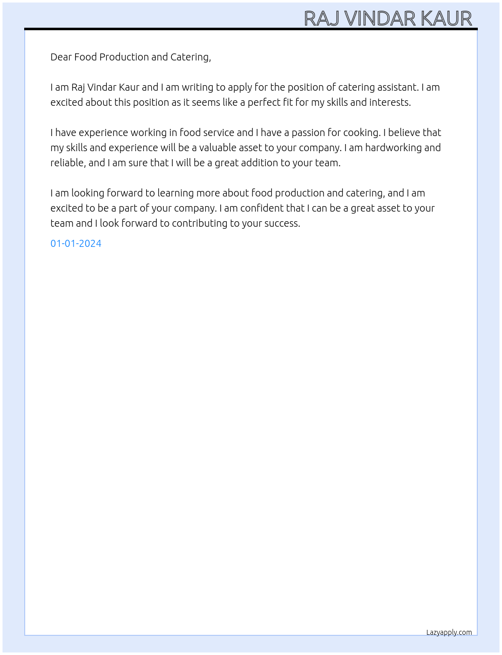 Cover letter for catering assistant - LazyApply