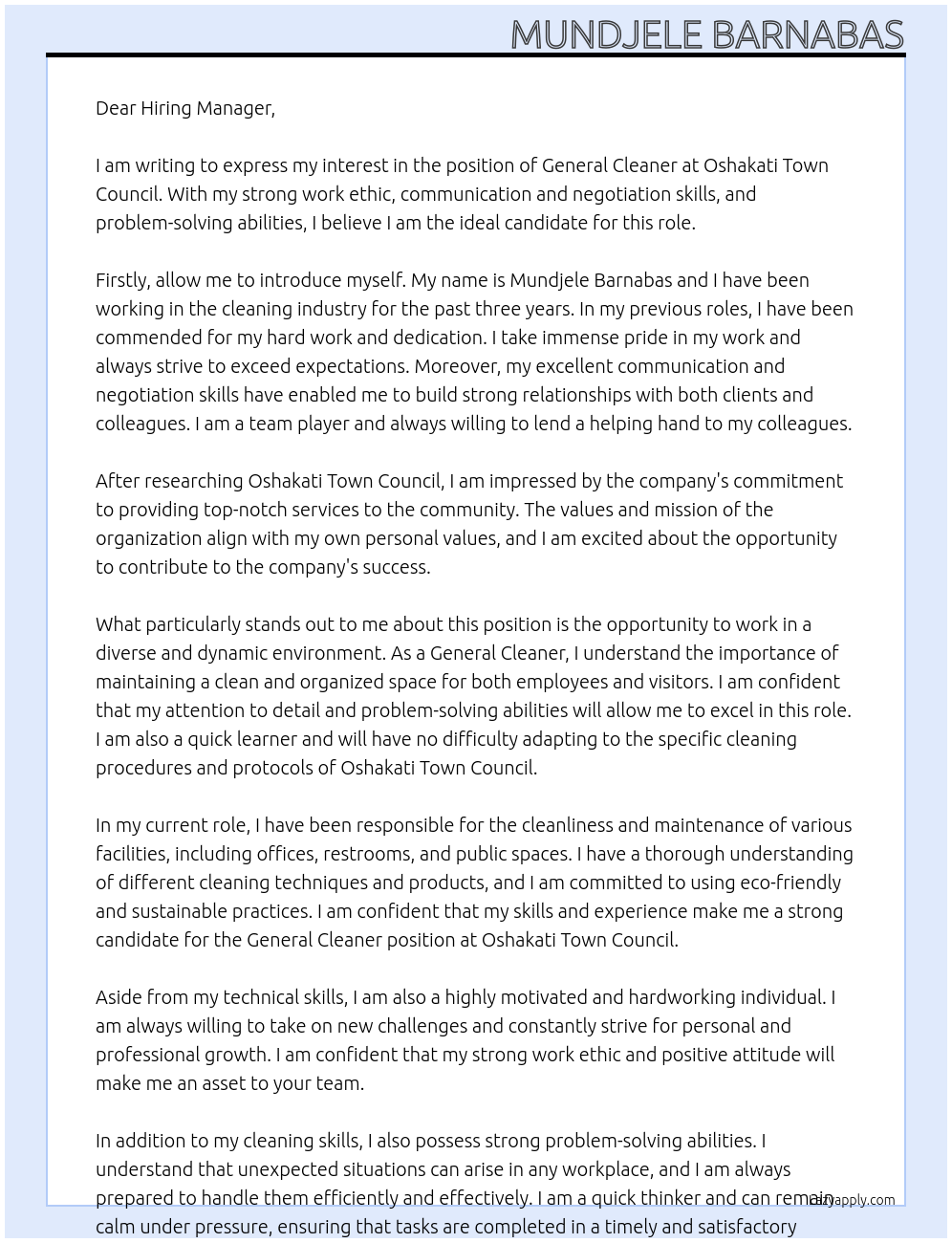 Cover letter for general cleaner - LazyApply