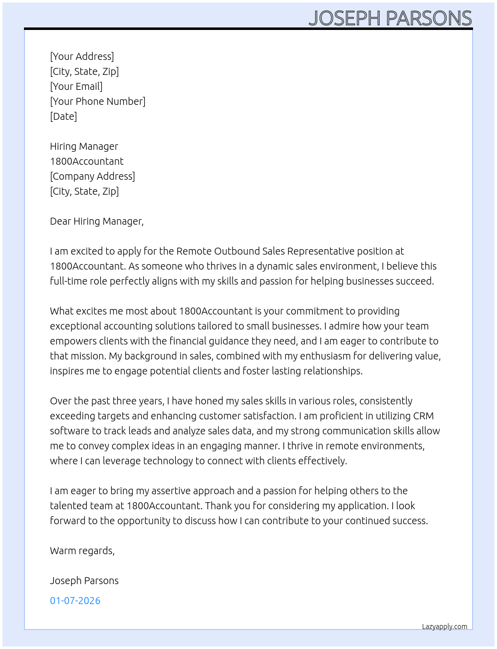 Cover letter for remote outbound sales representative - LazyApply