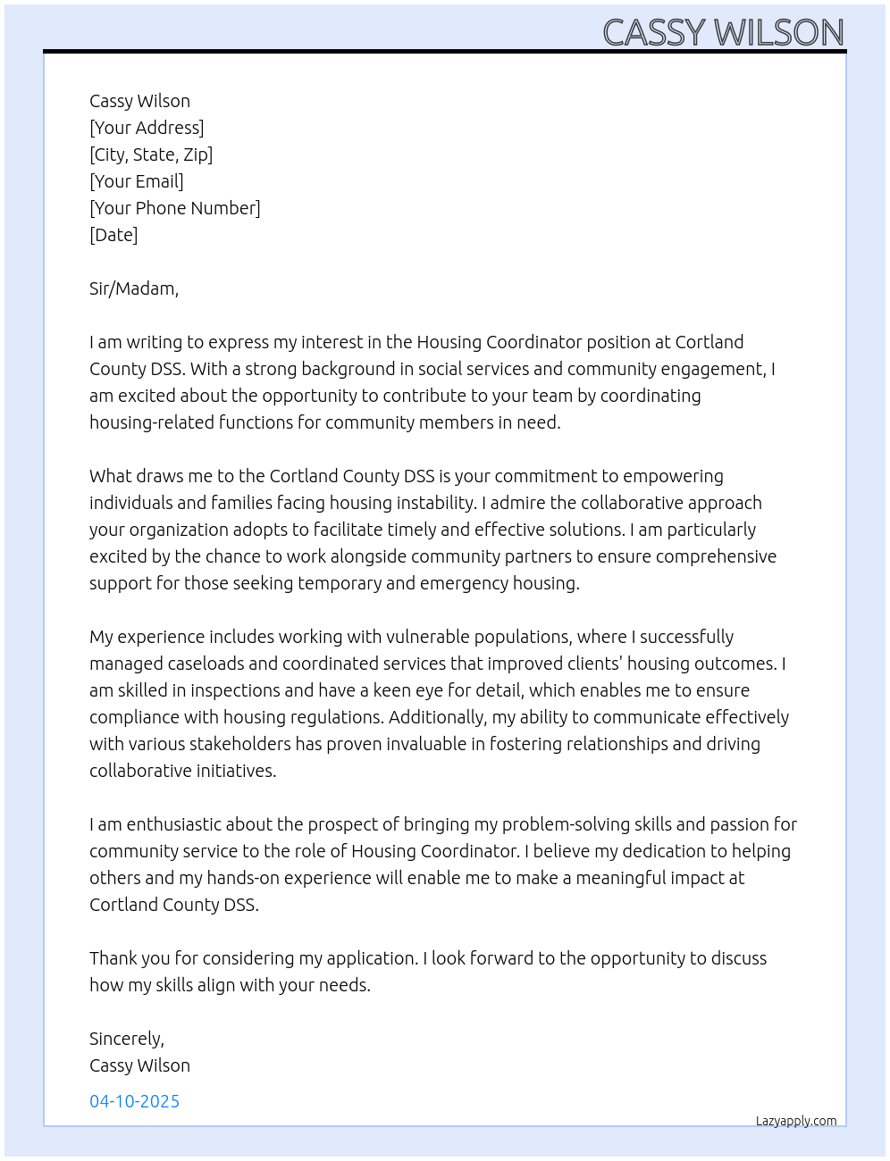 Cover letter for housing coordinator - cortland county dss - LazyApply