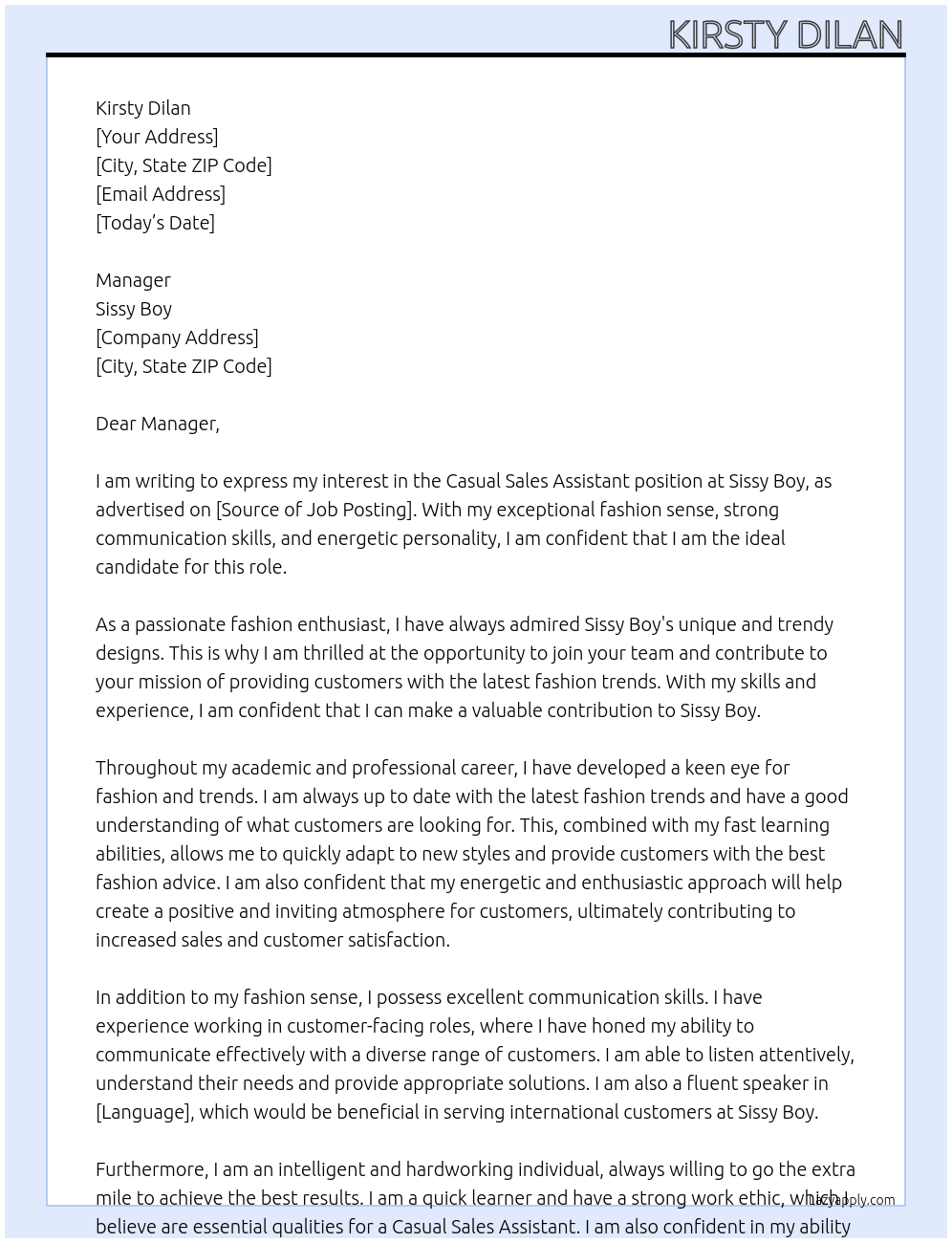 Cover letter for casual sales assistant - LazyApply